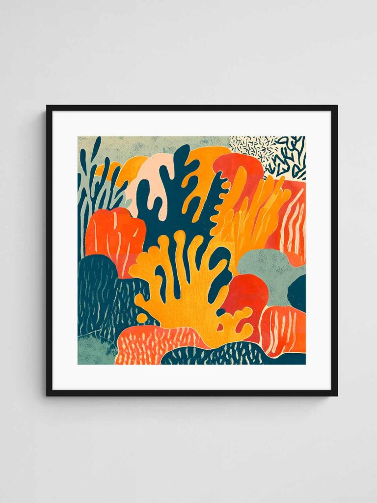 Linoleum Beach 3 - Colourful Coral Abstract Coastal Art Print